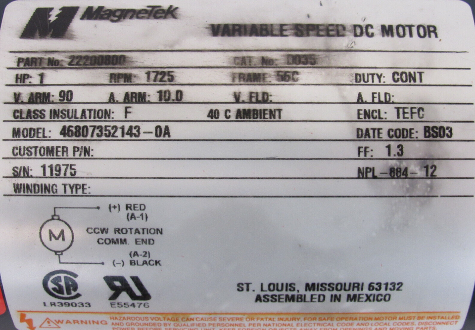 NEW MAGNETEK D035 DRIVE MOTOR 1HP 90V 1725 RPM 56C 22200800 | eBay