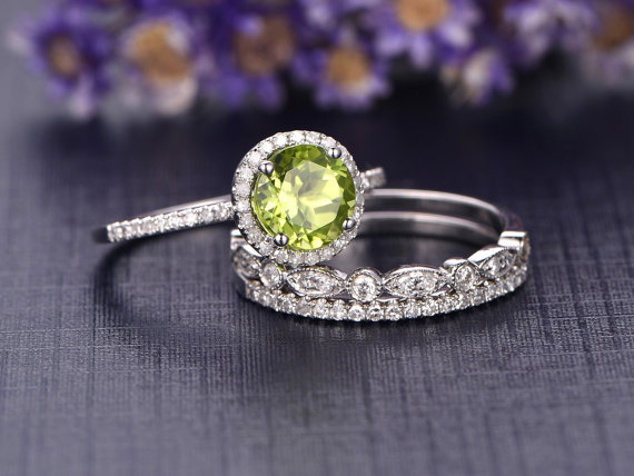 Round Cut Peridot Simulated Diamond Halo Ring Set 14K White Gold Finish ...