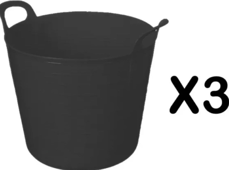 3 x BLACK 42L 42 Litre Large Flexi Tub Garden Flexible Storage Builders ...