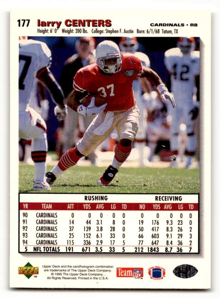 1995 Collector's Choice #177 Larry Centers Arizona Cardinals Footbal ID ...