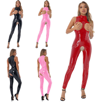 US Womens PVC Leather Full Bodysuit Crotchless Catsuit Open Cup ...