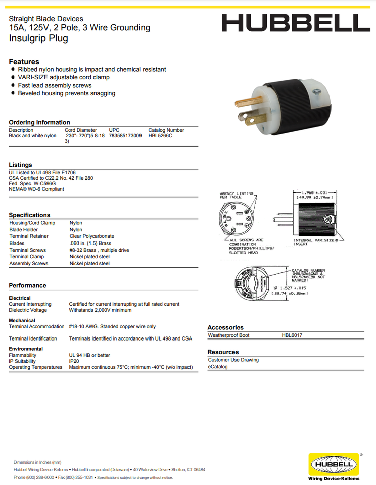 LOT 10x Hubbell HBL5266C AC Male Edison NEMA 5-15P Plug 15A 125V ...