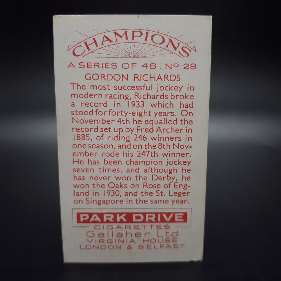 1934 Park Drive Champions #28 Gordon Richards Jockey Rare Tobacco Cigarette Card | eBay