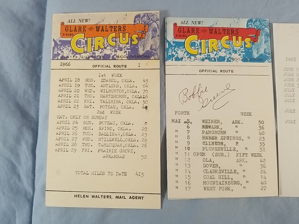 Lot of 3 1966 Vintage Clark Walters 3 Ring Circus Official Route Cards ...