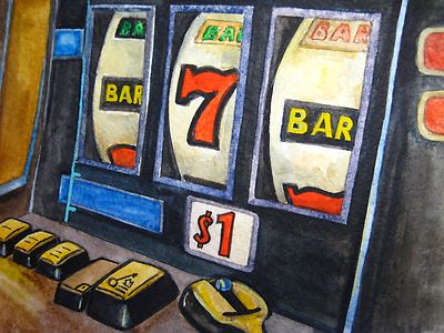 Watercolor Painting Slot Machine Casino Money Game Las Vegas Art 5x7 ...