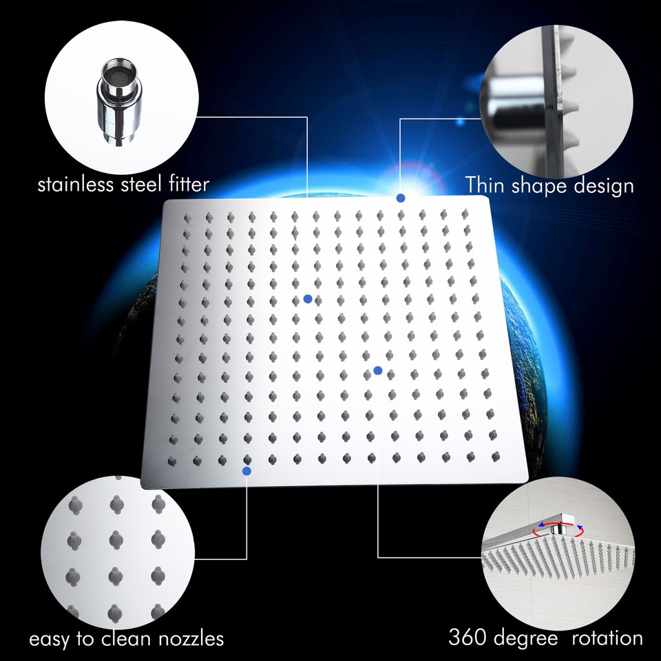 16" Top Shower Head Square Rain Spout Stainless Steel Mixer Ceiling ...