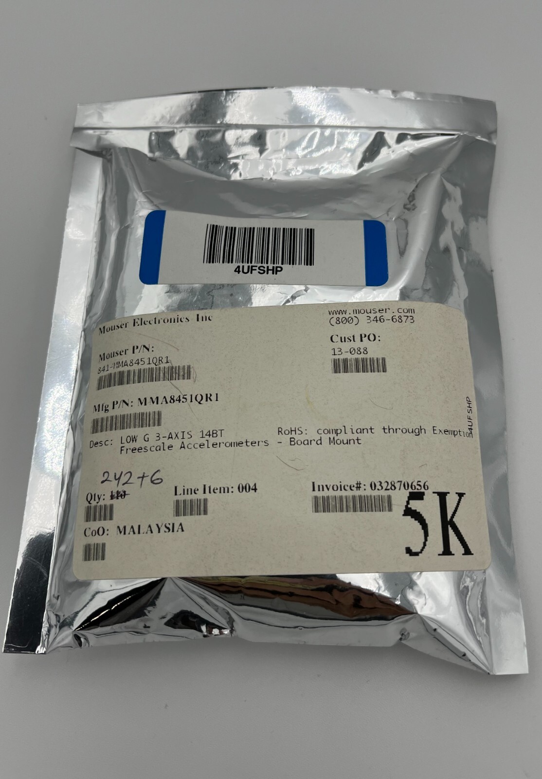 5pcs of MMA8451QR1 Accelerometer 3-Axis SMD 14 Bit 2-8G I2C 16-Pin QFN ...