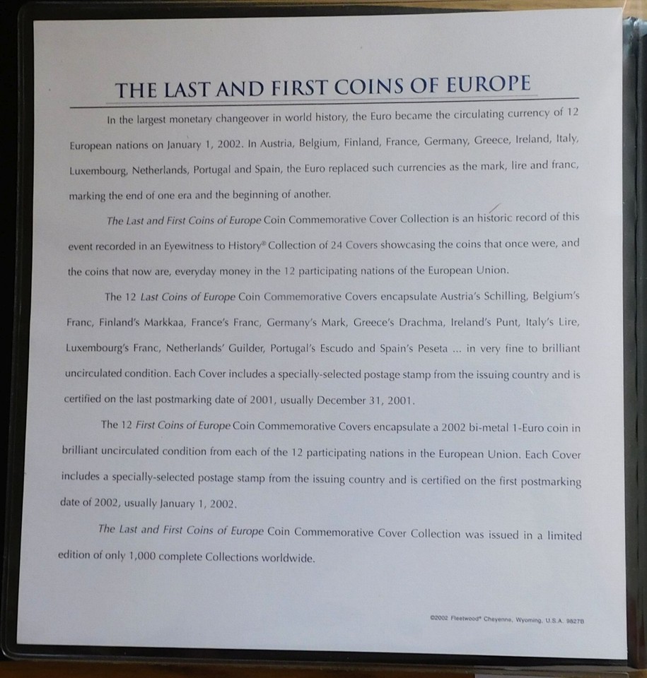The Last and First Coins of Europe Coin Commemorative Cover Collection ...