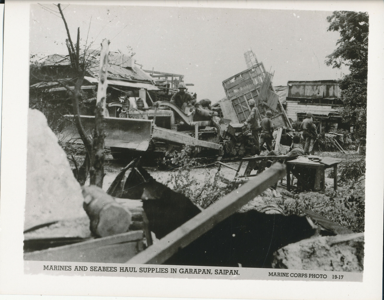 WWII 1940s USMC Marine Combat Engineers Saipan Photo bulldozer hauls ...