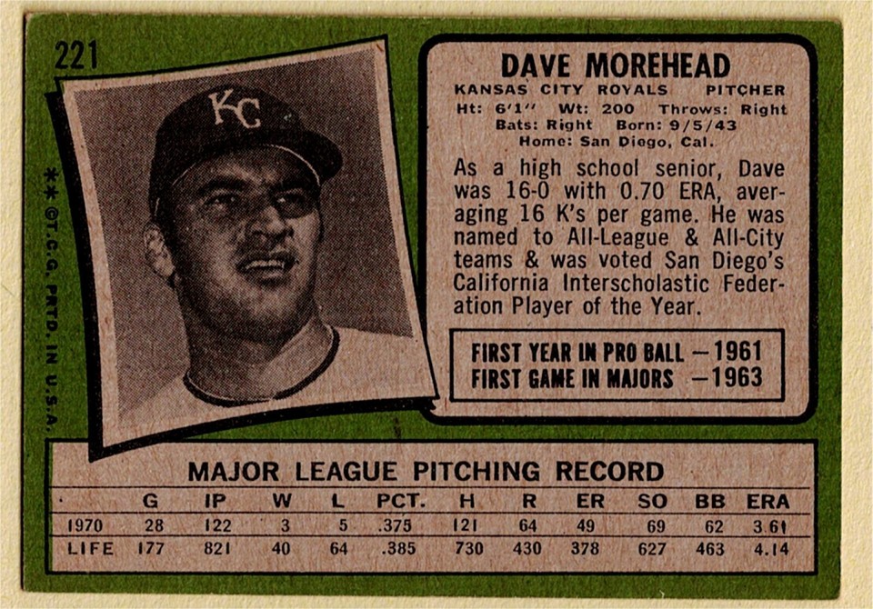 1971 Topps Dave Morehead Kansas City Royals #221 Vintage Baseball Card ...