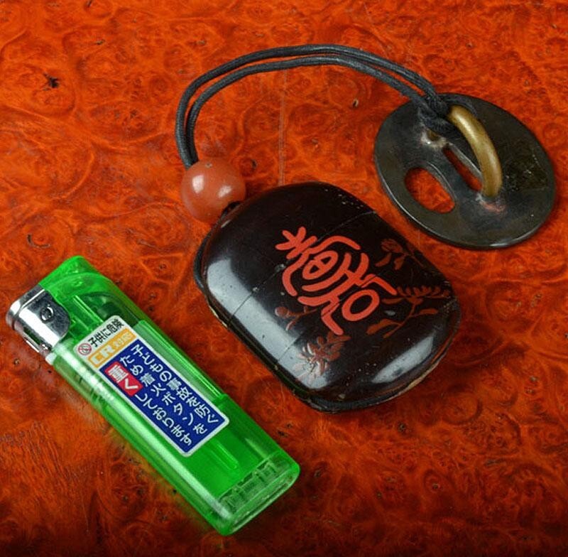 Japanese Antique Vermilion Maki-e Inro Pill box wCopper Tsuba Netsuke ...