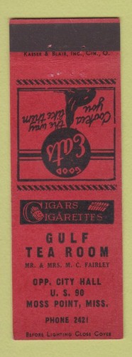 Matchbook Cover - Gulf Tea Room Moss Point MS | eBay