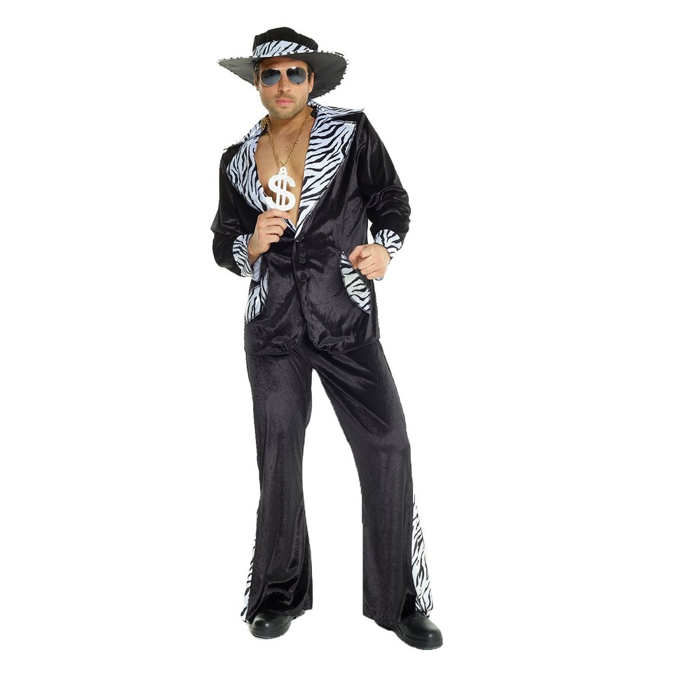 Mens Black PIMP DADDY Costume + Hat 1970s Big Daddy Velvet Suit ...