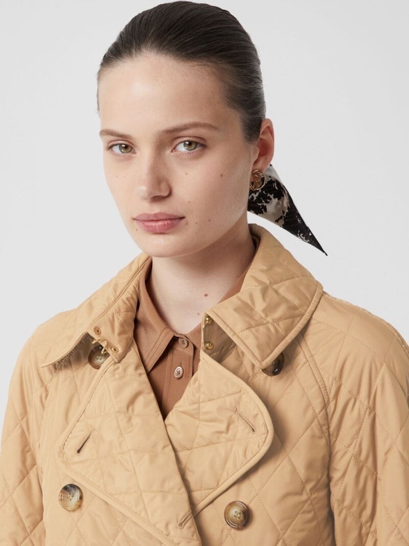 BURBERRY Tything Diamond Quilted Long Jacket Double Breasted in Biscuit ...