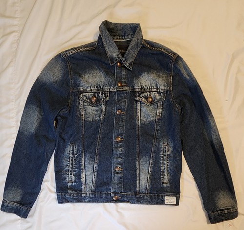 ADAM LEVINE 222 Denim Jean Jacket Mens Medium Blue Dark Wash Distressed ...
