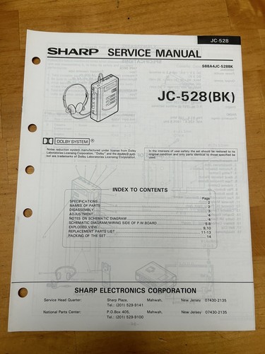 Sharp JC-528 Cassette Tape Player Service Manual Vintage OEM Diagrams ...