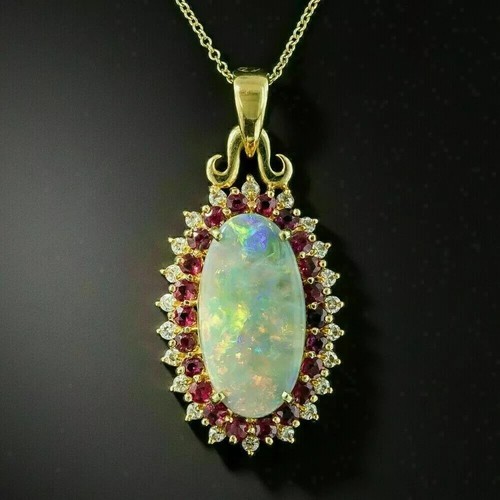 3Ct Oval Cut Fire Opal & Red Ruby Halo Pendant 14K Yellow Gold Over ...