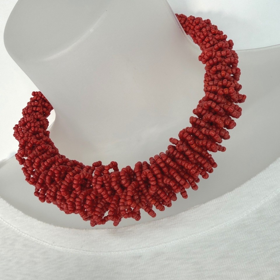 Red Seed Bead Fringe Necklace Chunky Boho Beaded Choker Resortwear Chic ...