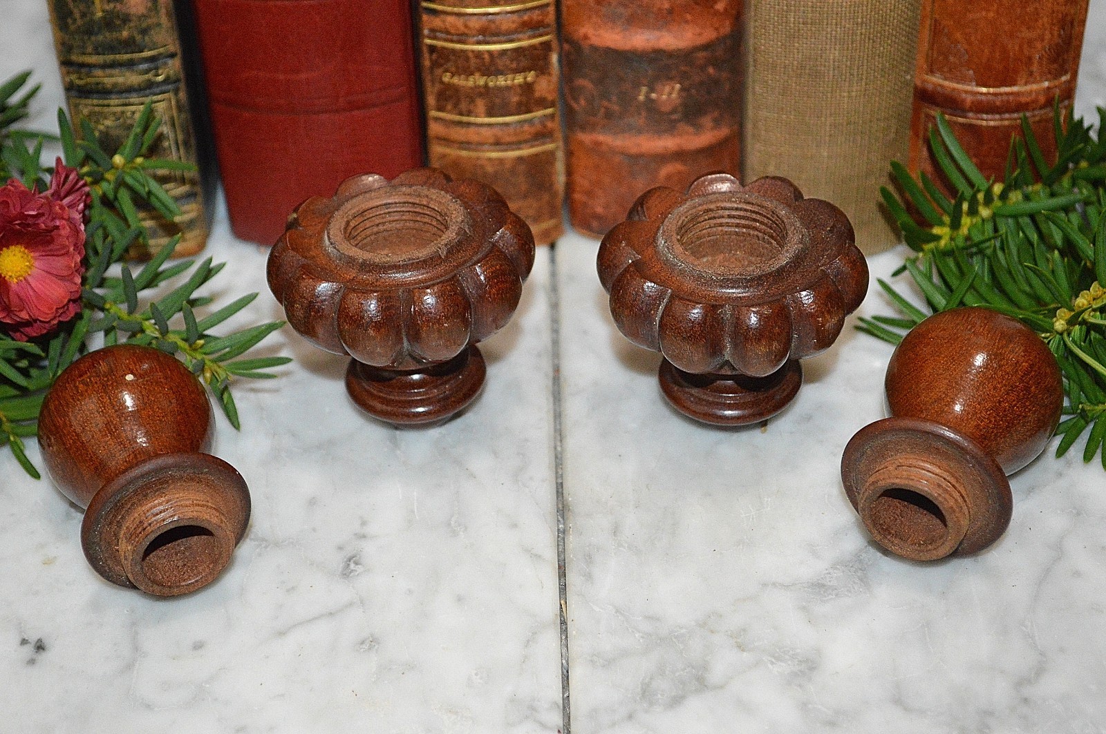Antique Pair French Turned Wood Finials Drapery Cord Keepers Tassel ...
