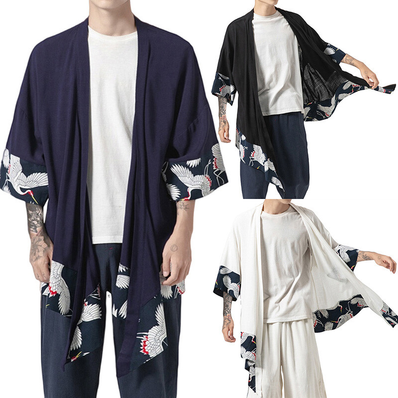 Men Linen Blend Haori Cardigan Kimono Yukata Robe Happi Coat Shirt Tee ...