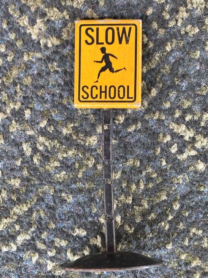 Vintage 1950's Tin Toy Tonka Sign SLOW SCHOOL Orange and Black 4 1/2 ...