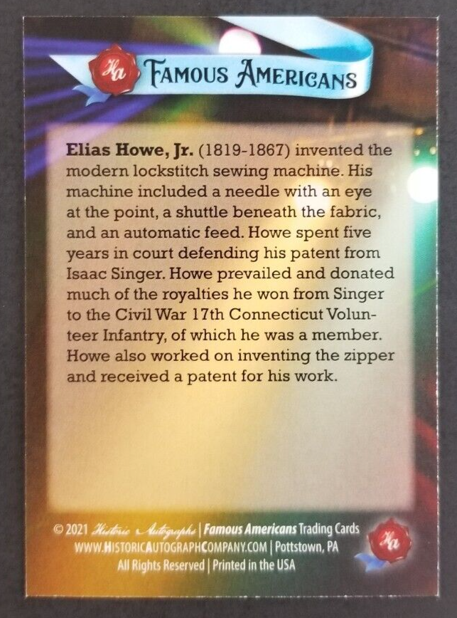 Elias Howe Jr. Inventor Sewing Machine 2021 Famous American Card #34 ...