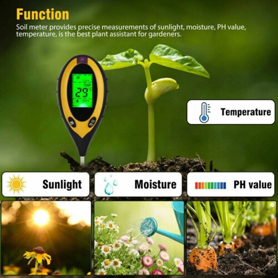 4 in1 LCD Digital Soil PH Meter Tester Temperature Sunlight Fertility ...
