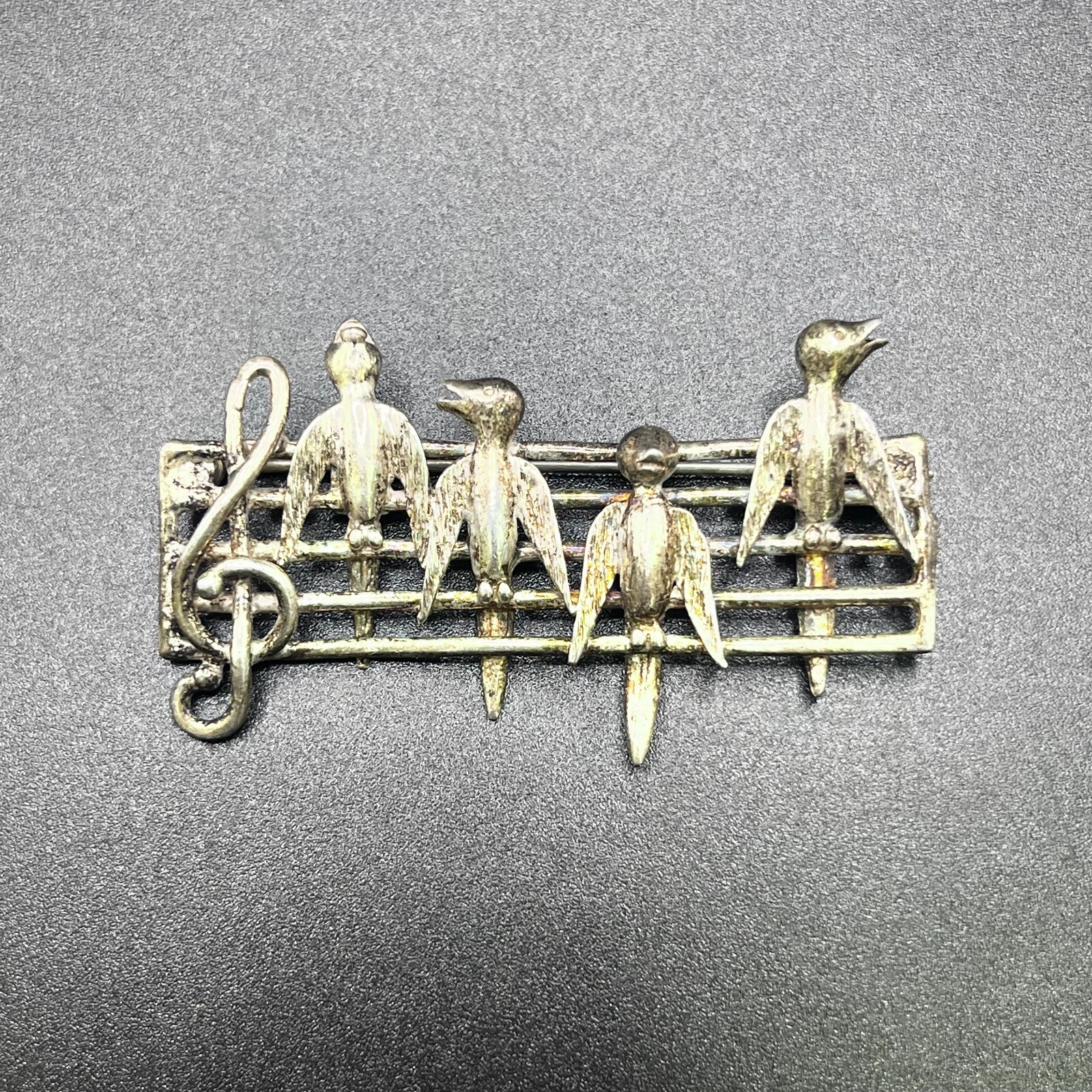 Sterling Silver Birds Singing Notes Pin/Brooch - Gem
