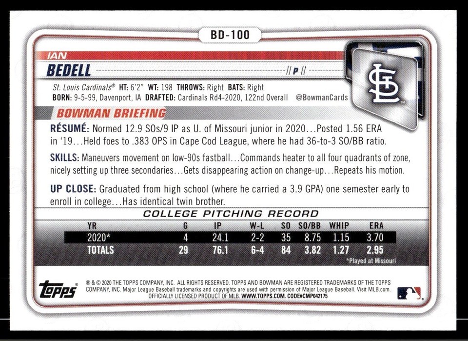 2020 Bowman Draft Ian Bedell G148 St. Louis Cardinals #BD-100 | eBay