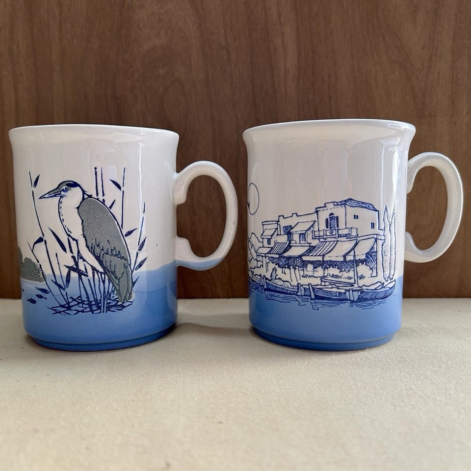 English Ironstone Tableware Mugs Blue and White Set of 2 Herons Boats ...