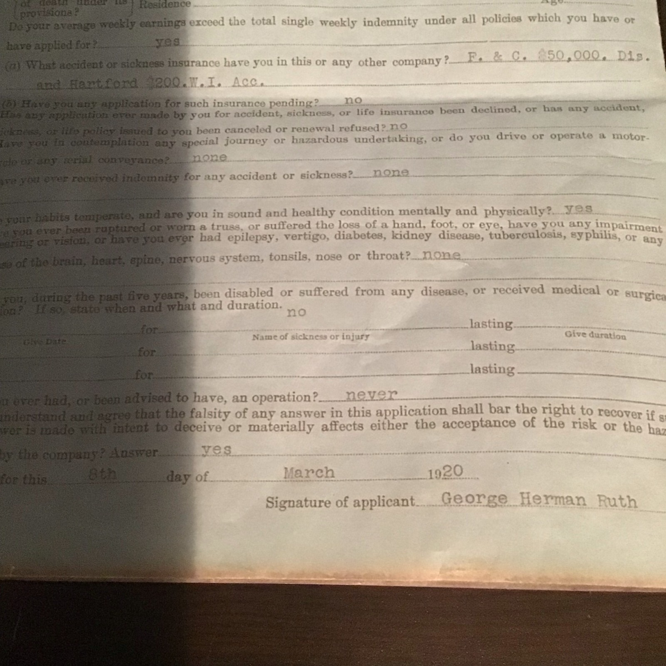 March 1920 Hartford Insurance Contract Babe Ruth Yankees autograph ...