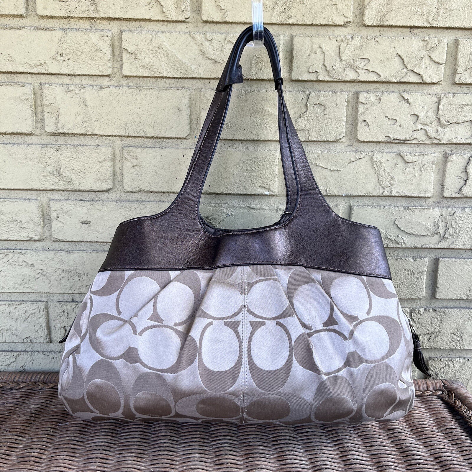 Coach Lexi Khaki Signature Sateen Bronze Leather Plea… - Gem