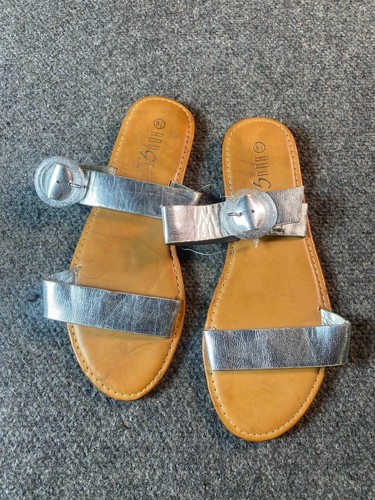 Rouge Womens Double Silver Adustable Straps Flats Slip On Sandals Brown ...