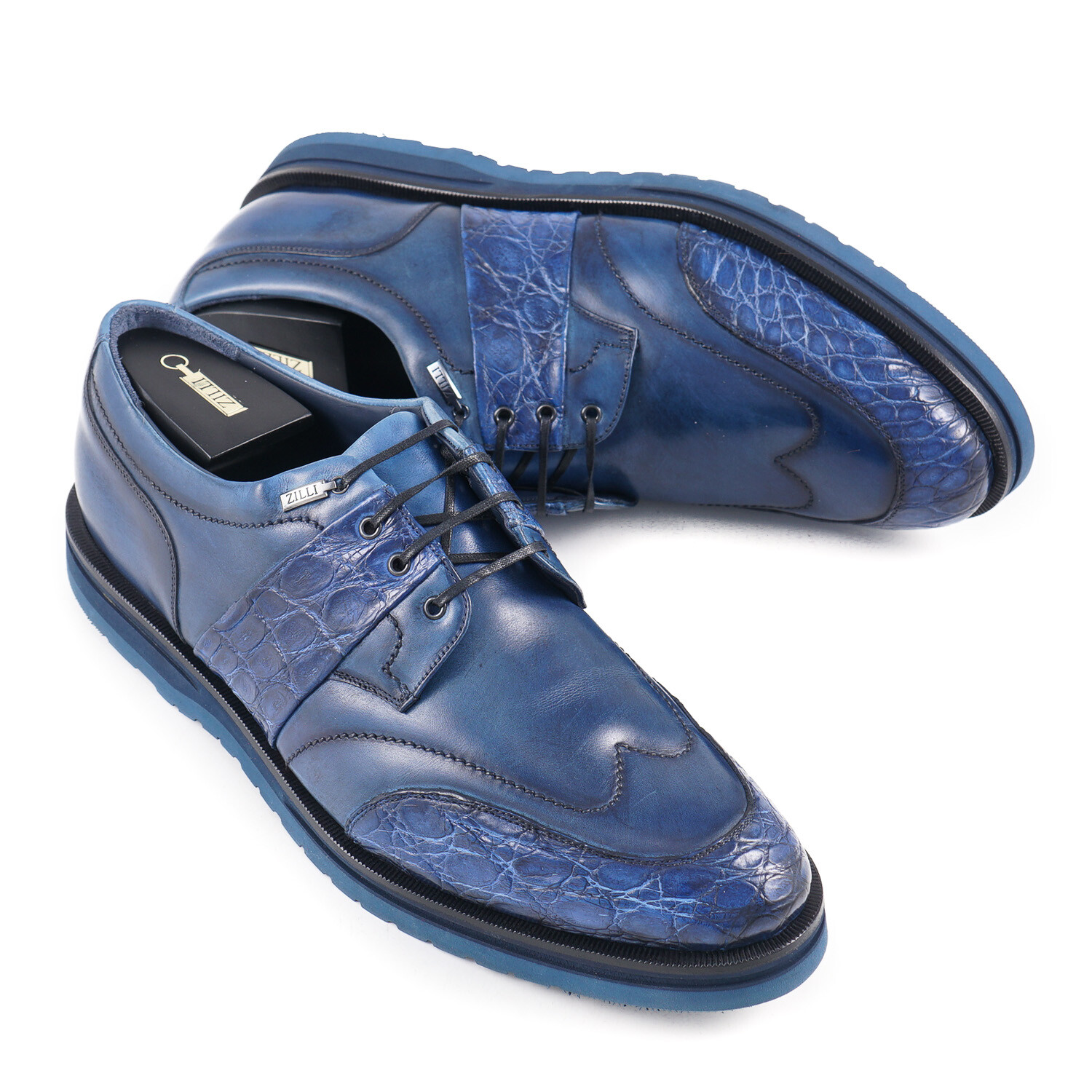 Zilli Blue Calf Leather and Genuine Crocodile Wingtip Derby 13 (Eu 46 ...