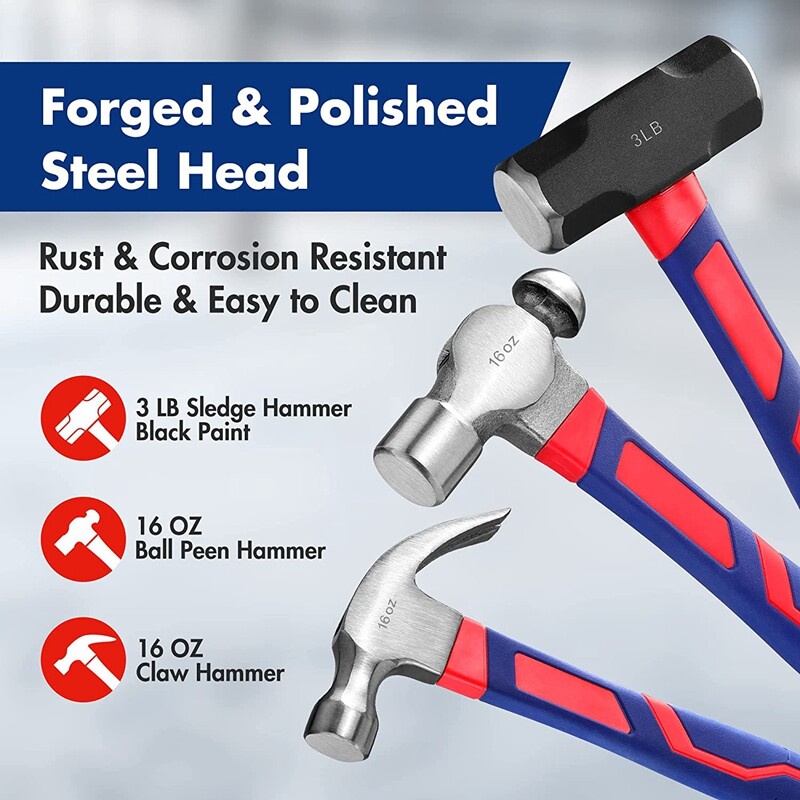 WORKPRO Hammer Set 5PC 16oz Claw Hammer 32oz Rubber Mallet 3lb Sledge ...