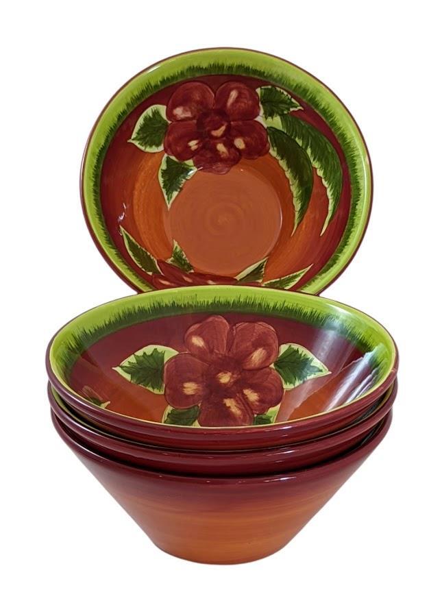 Set of 4 Laurie Gates Ware Cereal Salad Soup Bowls Red Flower Green ...