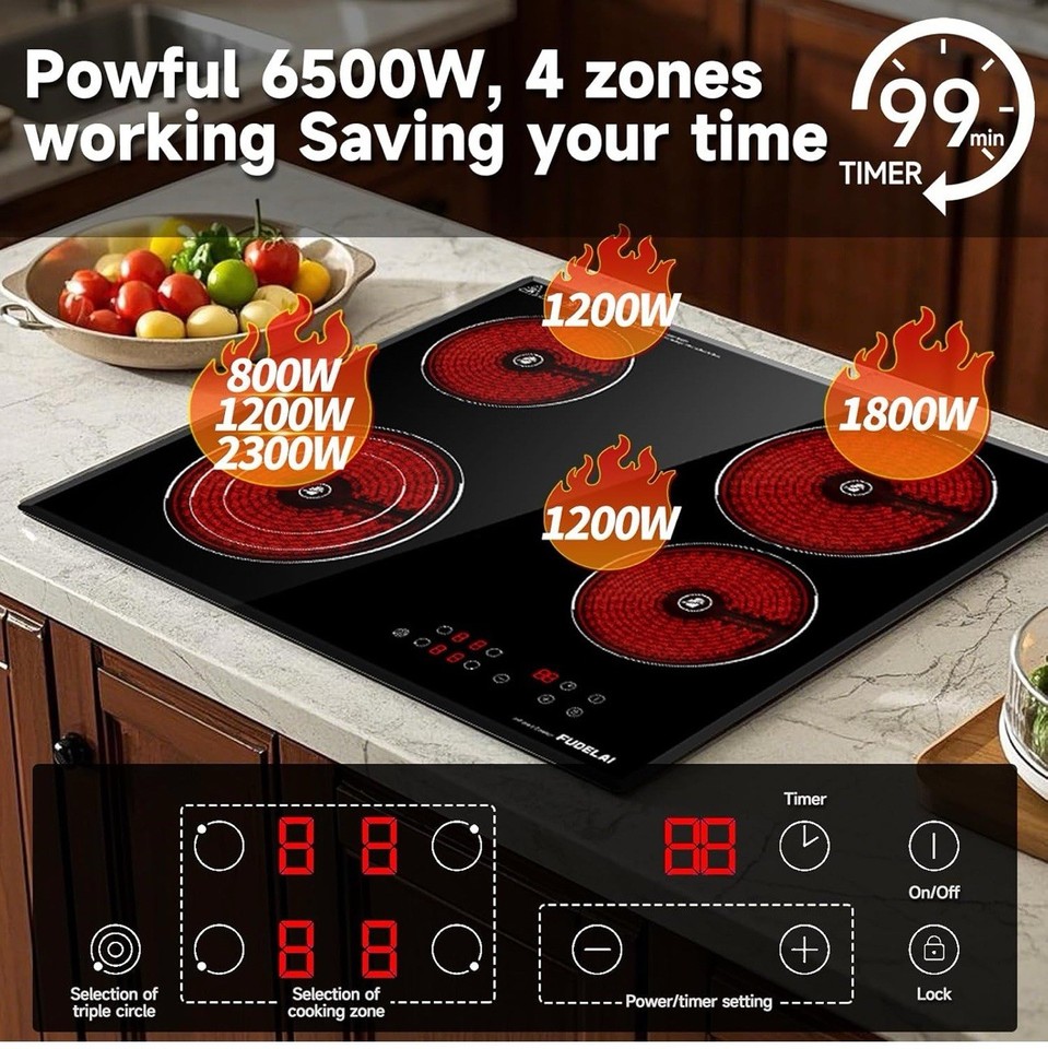 24 Inch Electric Cooktop 4 Burners,6500W 24" Electric Ceramic Cooktop ...