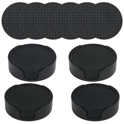 4 Inch Round Silicone Coasters Set of 30 with Holder, Black Rubber ...