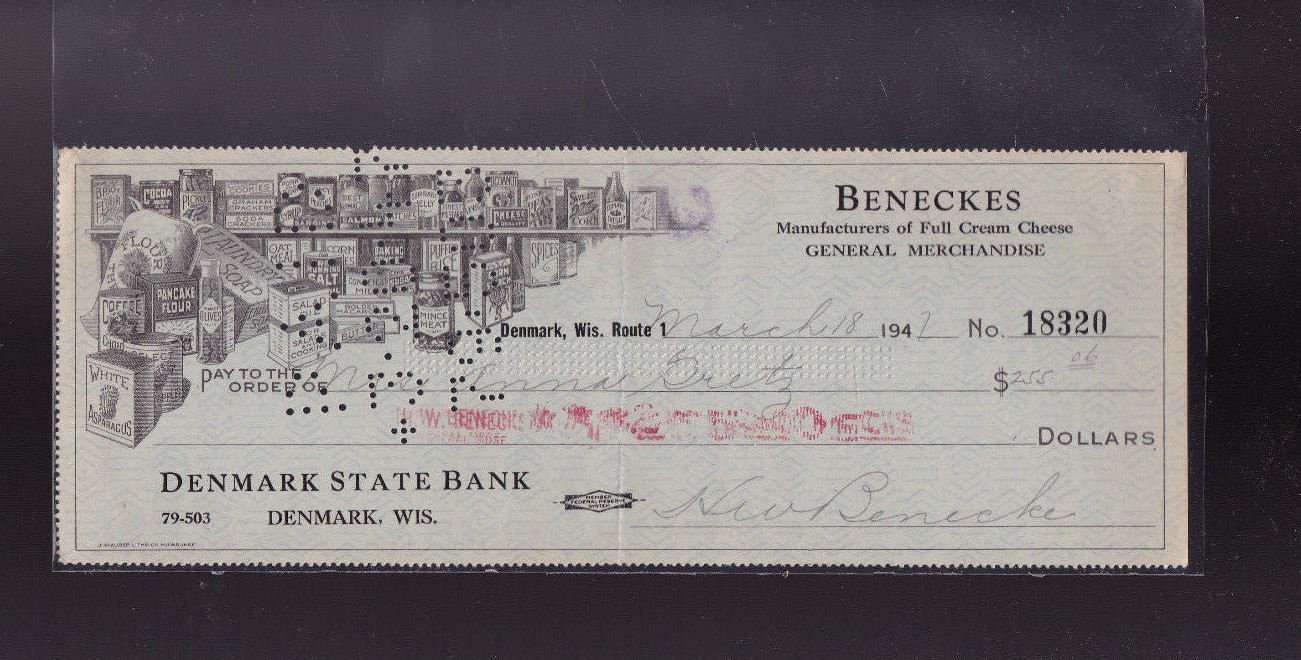 Denmark State Bank Used Bank Check Wisconsin 1942 Beneckes General ...