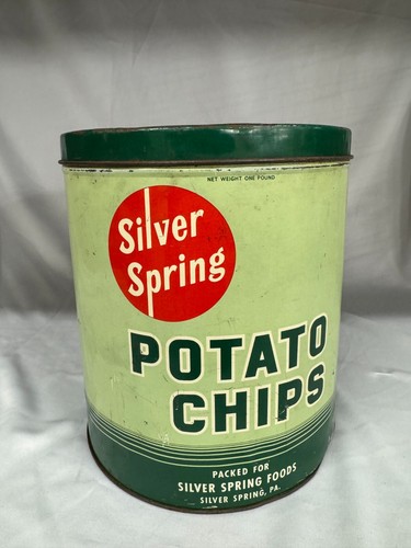 Vintage Silver Spring Potato Chips Tin Can – Retro Advertising ...