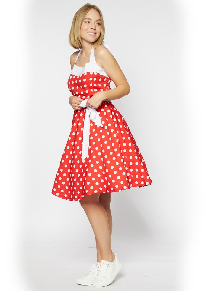 WS4.06-1349-K3-RO) DAMEN ROCKABILLY PARTYKLEID COCKTAILKLEID ROT PUNKTE ...