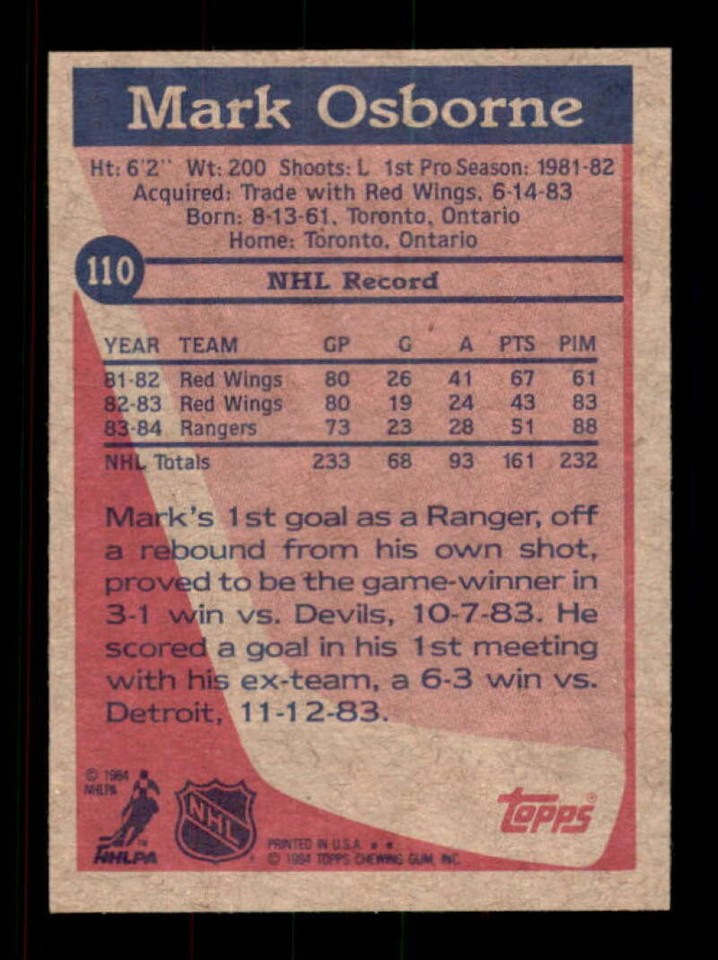 1984-85 Topps #110 Mark Osborne NM/NM+ NY Rangers 234809 | eBay