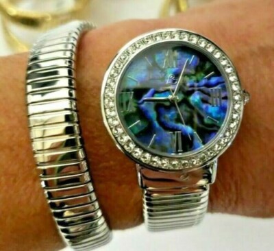 Colleen Lopez Round Dial Coil Wrap Bracelet Watch, Abalone / Silvertone ...