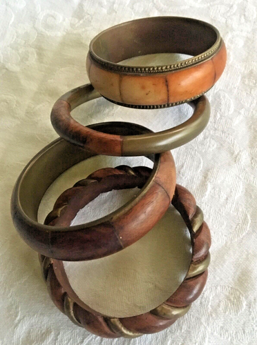 4 BANGLES Wood Brass & Bone Cuff Set Stack Rustic Bangle Statement Mix match Hip | eBay Australia