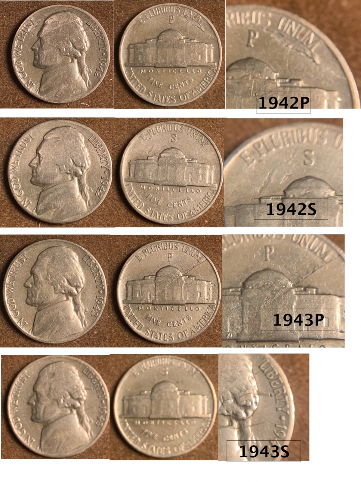 COMPLETE SET 1942-1945PDS Silver WAR Nickels EXTRODINARY Delamination ...