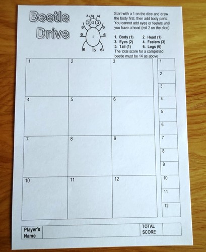 BEETLE DRIVE SCORE SHEETS Family OR FUND RAISING DOUBLE SIDED 25 sheets ...