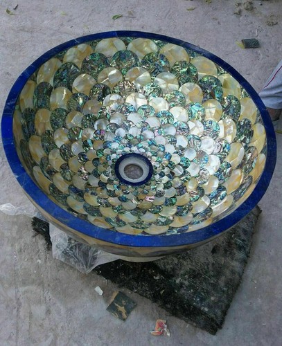 12" Marble Bathroom kitchen Round Washbasin Stone Sink Inlay paua shell ...