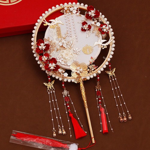 1PC Chinese Vintage Wedding Fan Round Flower Beaded Tassel Bridal Decor ...