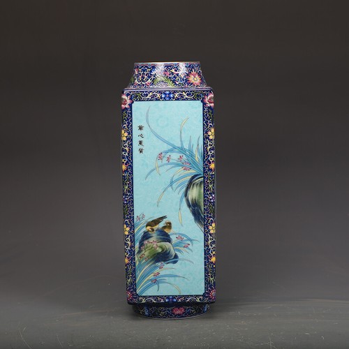 11.4" Chinese Qing Colour Enamels Porcelain Blue Ground Flower Bird ...