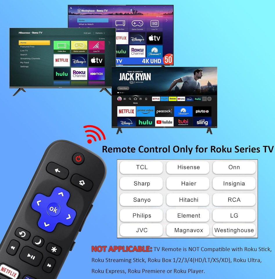 2pack Remote Control Replacement for All Roku TV TCL/Hisense/Onn Roku ...